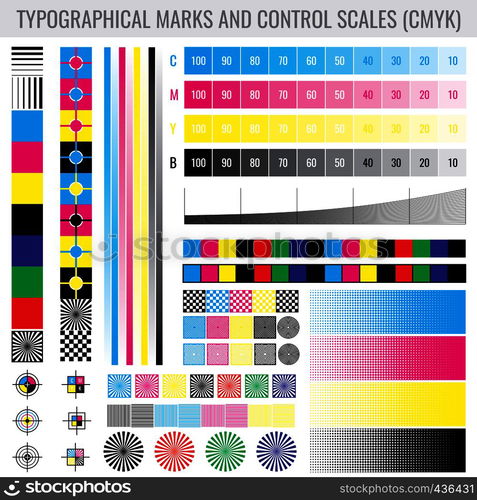CMYK press print marks and colour tone gradient bars for printer test ...