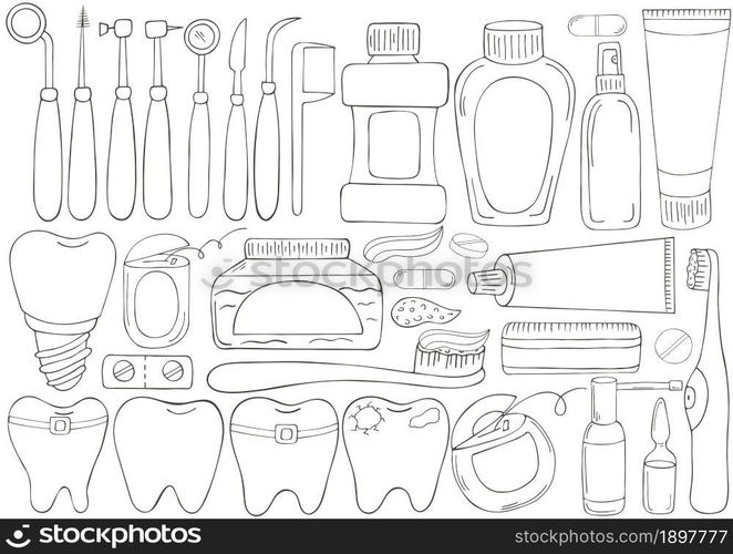 Coloring page. Set of elements for the care of the oral cavity in hand ...