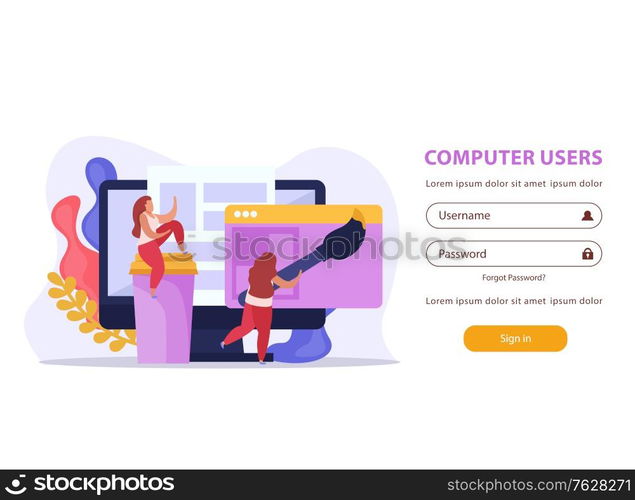 Computer users flat background for login page with username and ...