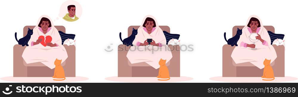 Crying woman flat vector illustrations set. Sad african american lady ...