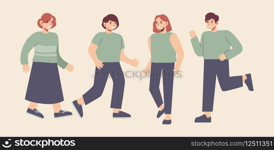 Cute cartoon modern characters walking set isolated vector illustration ...