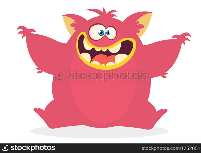 Cute cartoon monster waving hands. Vector illustration of pink fat ...