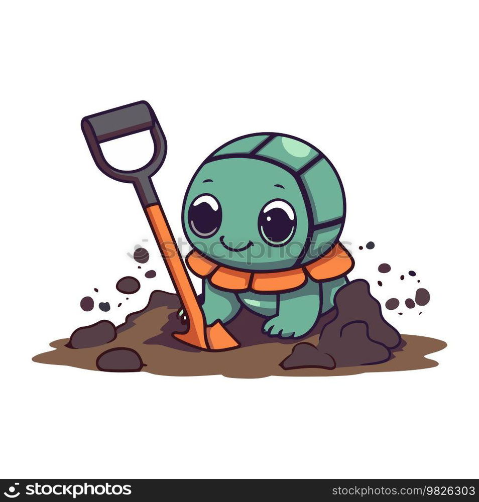 Cute cartoon turtle digging in the ground with shovel. Vector ...
