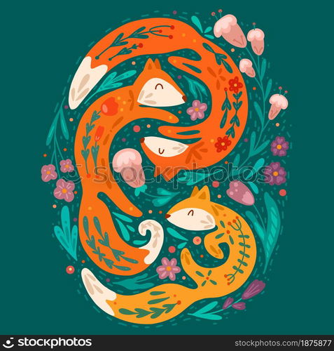 Cute fox family with folk decorations and flowers. Vector illustration ...