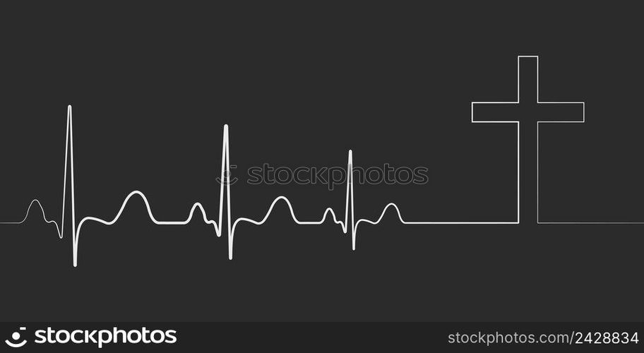 Death icon symbol, cardiac arrest, vector cardiogram with cross ...