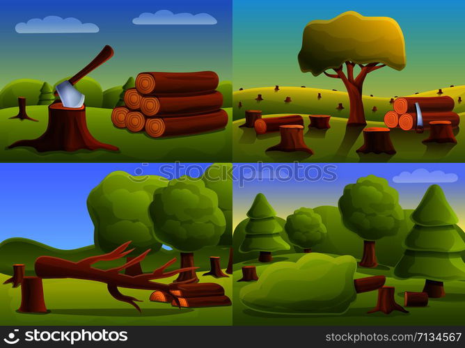 Deforestation forest banner set. Cartoon illustration of deforestation ...
