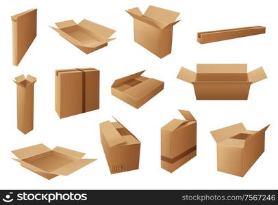 Cartoon damaged, torn and wet cardboard delivery boxes and piles ...