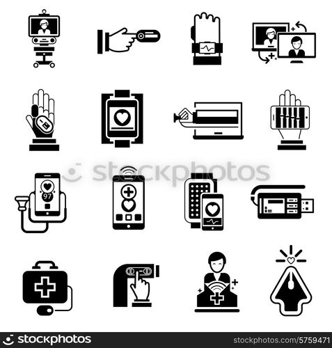 Digital medicine icons black set with telemedicine pocket monitor ...