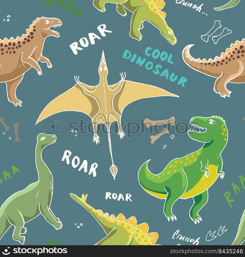Dino Seamless Pattern, Cute Cartoon Hand Drawn Dinosaurs Doodles Vector Illustration.. Dino ...