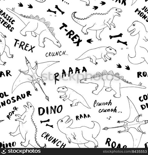 Dino Seamless Pattern, Cute Cartoon Hand Drawn Dinosaurs Doodles Vector Illustration.. Dino ...
