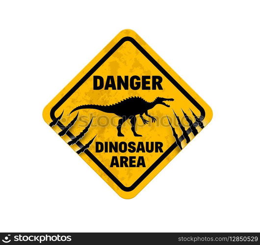 Dinosaur warning sign, danger Spinosaurus silhouette on attention mark ...