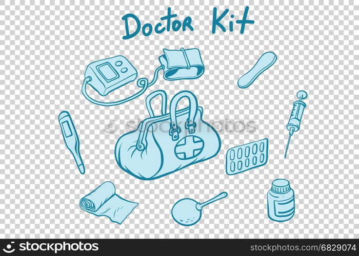 doctor kit medical instruments and medicines. Comic book cartoon pop ...