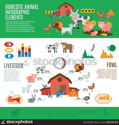 Domestic animals infographics set with livestock elements and charts ...