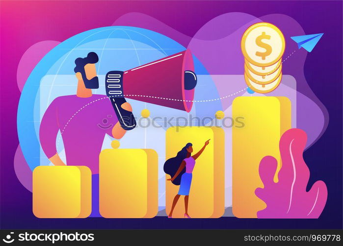 Economist with megaphone, economic growth column and market ...