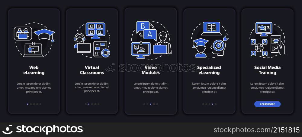 Elearning types night mode onboarding mobile app screen. Online study ...