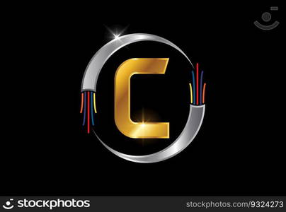 English alphabet with electric wire, optical fiber cable. Font emblem ...