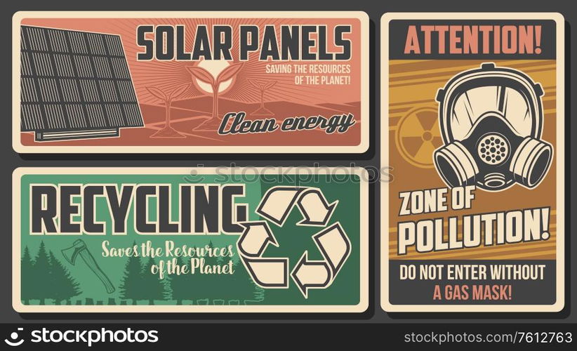 Environment retro posters, vector solar panels, attention warning with ...