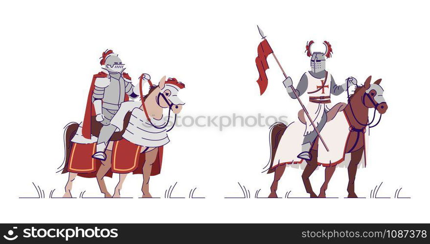 Equestrian knights flat vector illustrations set. Armored warriors ...