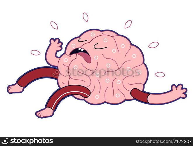 Exhausted brain lying on its back - flat cartoon vector illustration. A ...