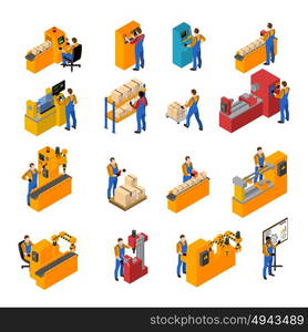 Factory workers isometric icons set with production symbols isolated ...