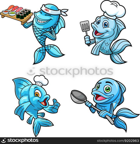 Fish Cartoon Characters. Vector Hand Drawn Collection Set Isolated On ...