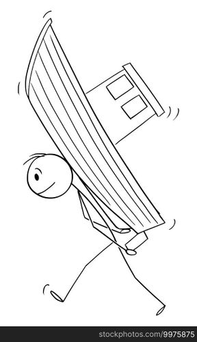 Fisherman or man carrying fishing boat, vector cartoon stick figure or ...