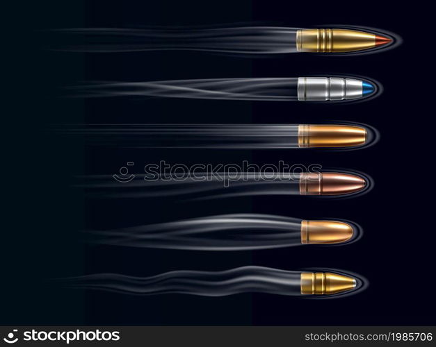 Flying bullet traces. Realistic pistol projectiles. Weapon shot ...