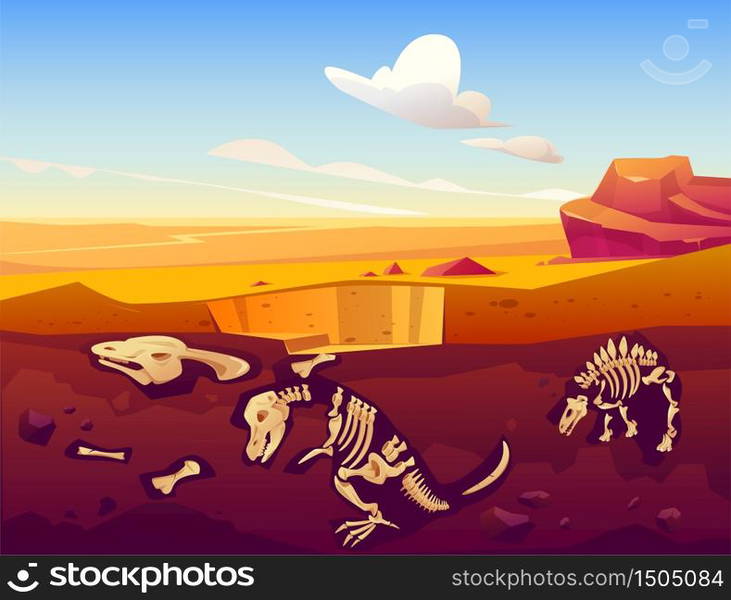 Cartoon dinosaur fossils in ground, buried dinosaurs skeleton ...