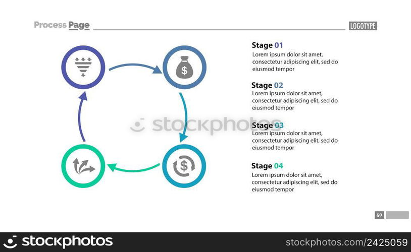 Four stages cycled process chart template with descriptions. Diagram ...