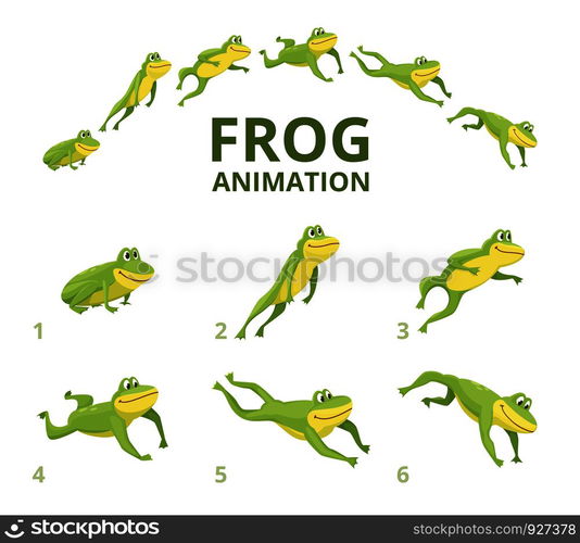 Frog jumping animation. Various keyframes for green animal. Vector frog ...