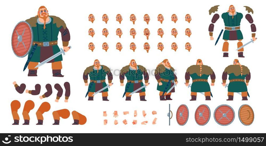 Front, side, back view animated character.Warrior Viking, barbarian ...