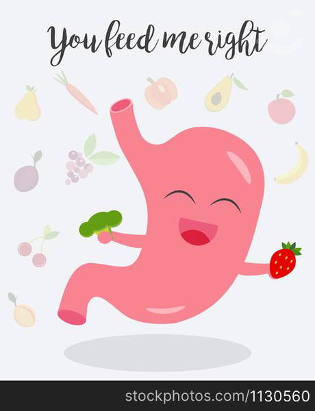 Funny cartoon illustration of happy stomach and vegetables. Funny ...