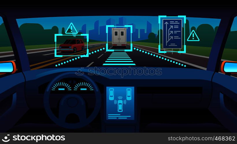 Future autonomous vehicle. Driverless car interior futuristic ...