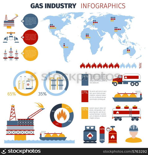 Gas infographics set with fuel industry charts and world map vector ...