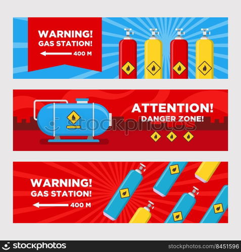 Gas station warning banners set. Tanks and cylinders, destination arrow ...