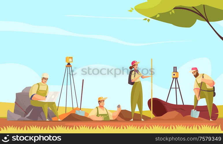 Geologist soil composition with group of flat doodle characters ...