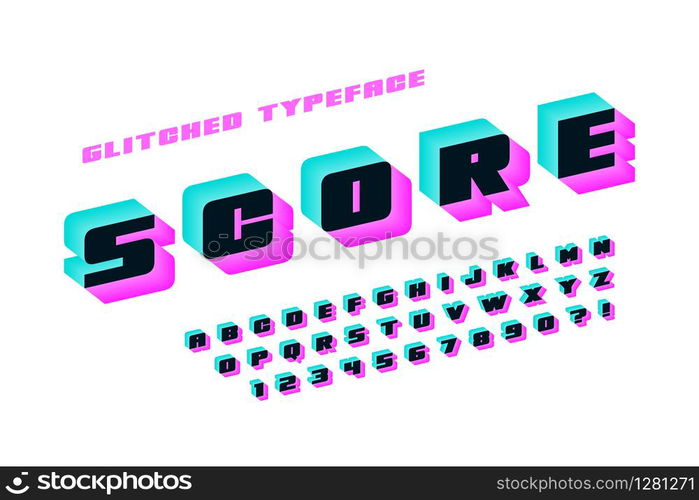 Glitched display alphabet design, typeface, letters and numbers ...