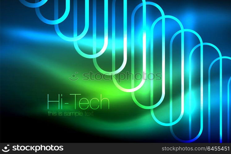Glowing ellipses dark background, waves and swirl, neon light effect ...