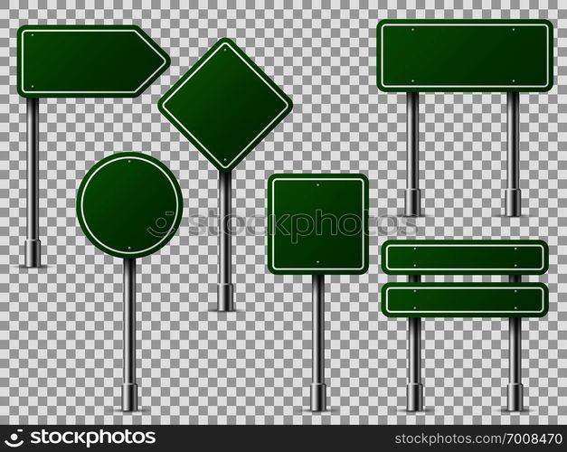 Green traffic signs. Road board text panel, mockup signage direction highway city signpost ...