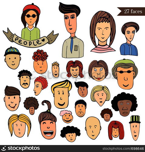 Hand drawn people crowd doodle collection of avatars. Cartoon people ...