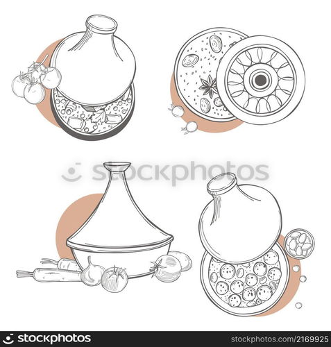 Hand Drawn Tagine Set Vector Sketch Illustration Tagine Set Sketch Illustration