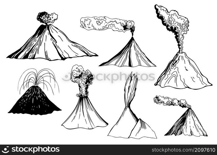 Hand-drawn volcanoes. Vector sketch illustration.. Volcanoes set ...