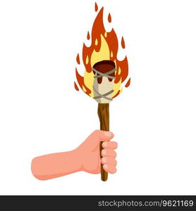 Hands holding torch. Primal fire. Flame on stick. Flat cartoon ...