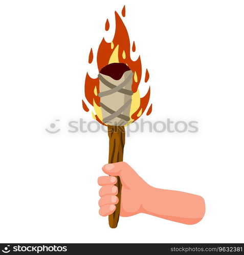 Hands holding torch. Primal fire. Flame on stick. Flat cartoon ...