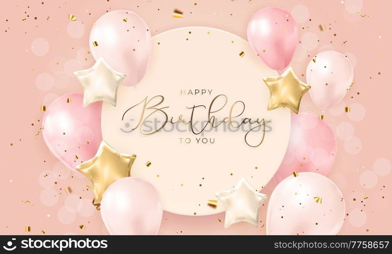 Happy Birthday congratulations banner design with Confetti, Balloons ...