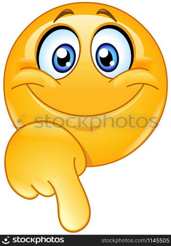 Happy emoji emoticon pointing down with his finger — Stockphotos.com