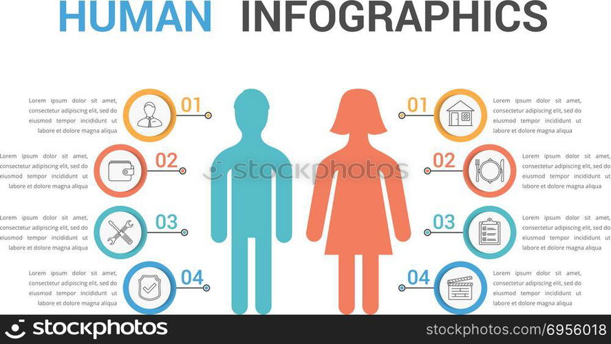 Human Infographics. Human infographics, man and woman silhouettes with ...