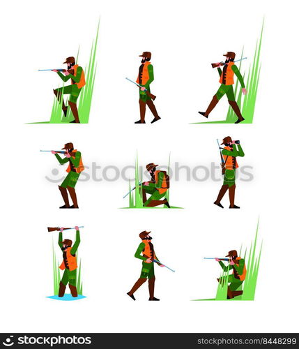 Hunter with rifle. Shotgun man hunting standing in action poses holding ...