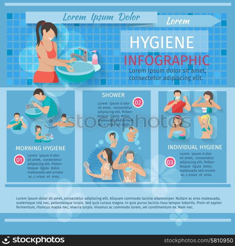 Hygiene infographics set with people figures and cleanliness symbols ...