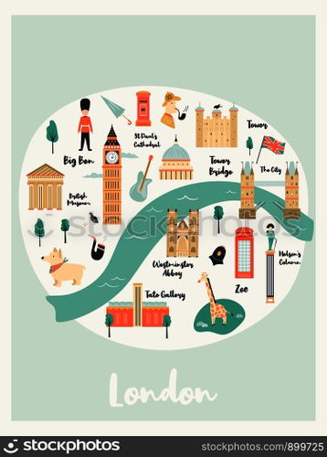Illustrated map of London with landmarks, characters and symbols ...